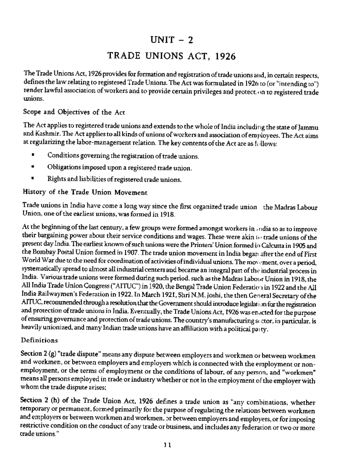 Trade Unions Act, 1926 - Industrial And Labour Laws - I - Studocu
