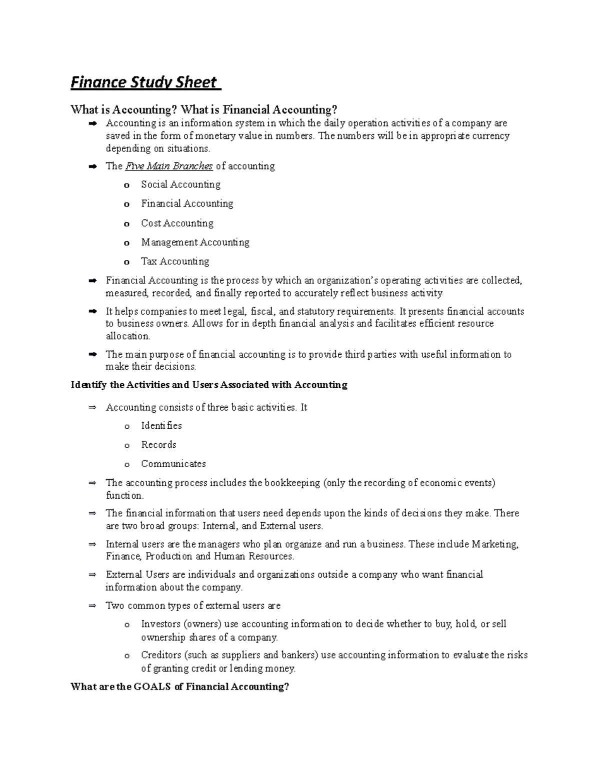 Finance Study Sheet - Finance Study Sheet What is Accounting? What is ...