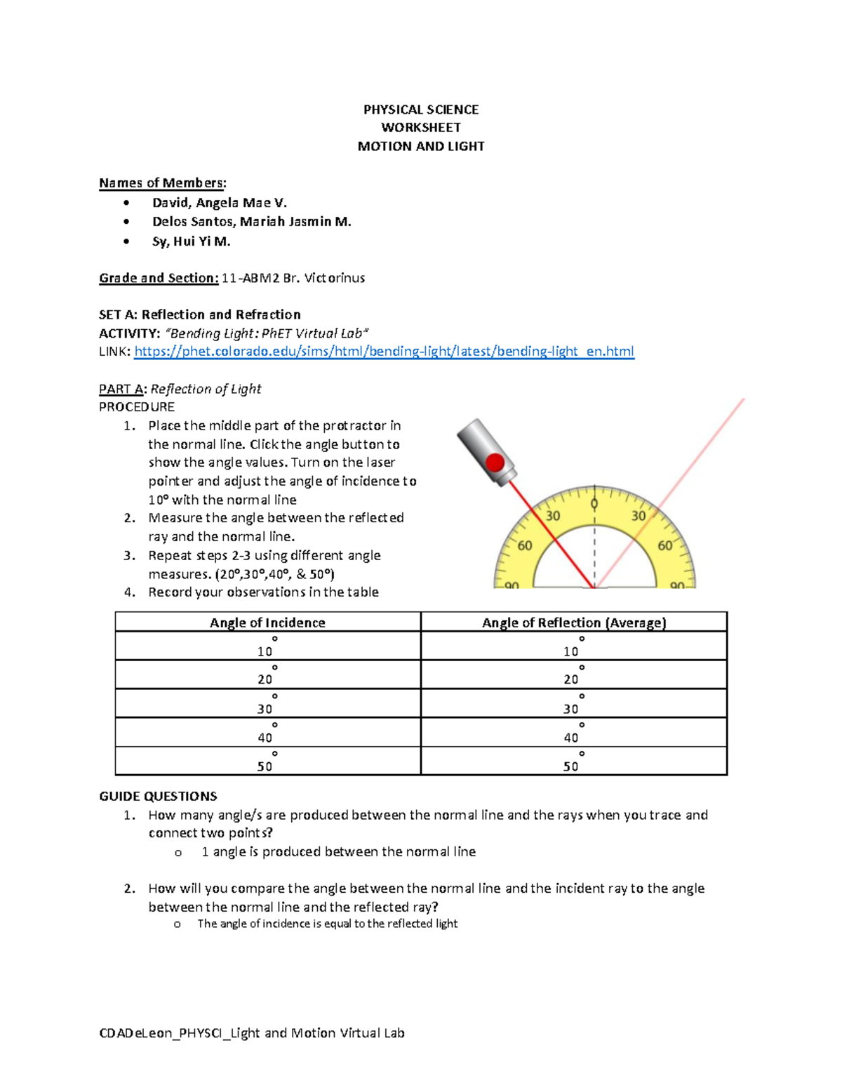 motion and light - PHYSICAL SCIENCE WORKSHEET MOTION AND LIGHT Names of ...