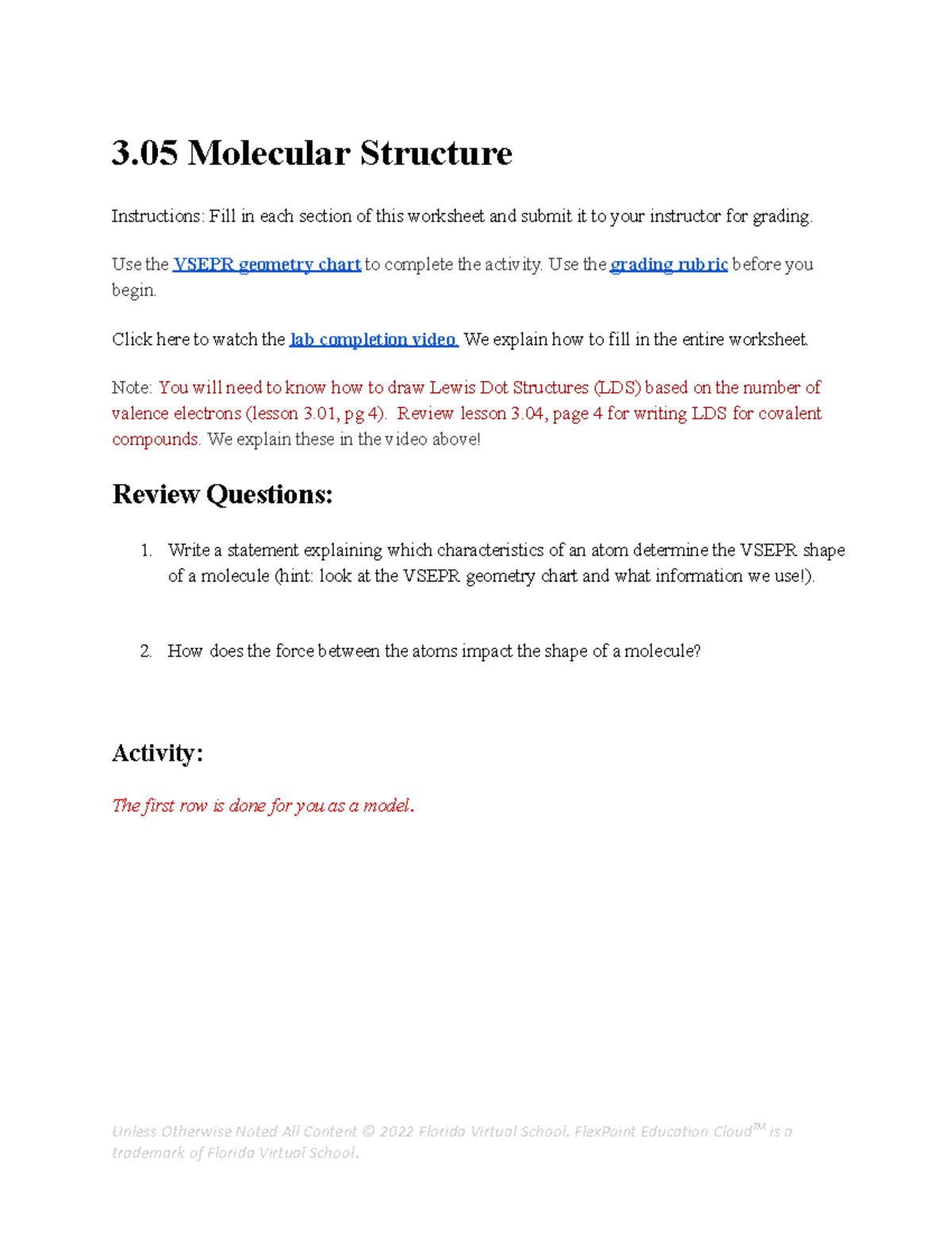 Copy Of 3 05 Molecular Structure Worksheet 3 Molecular Structure