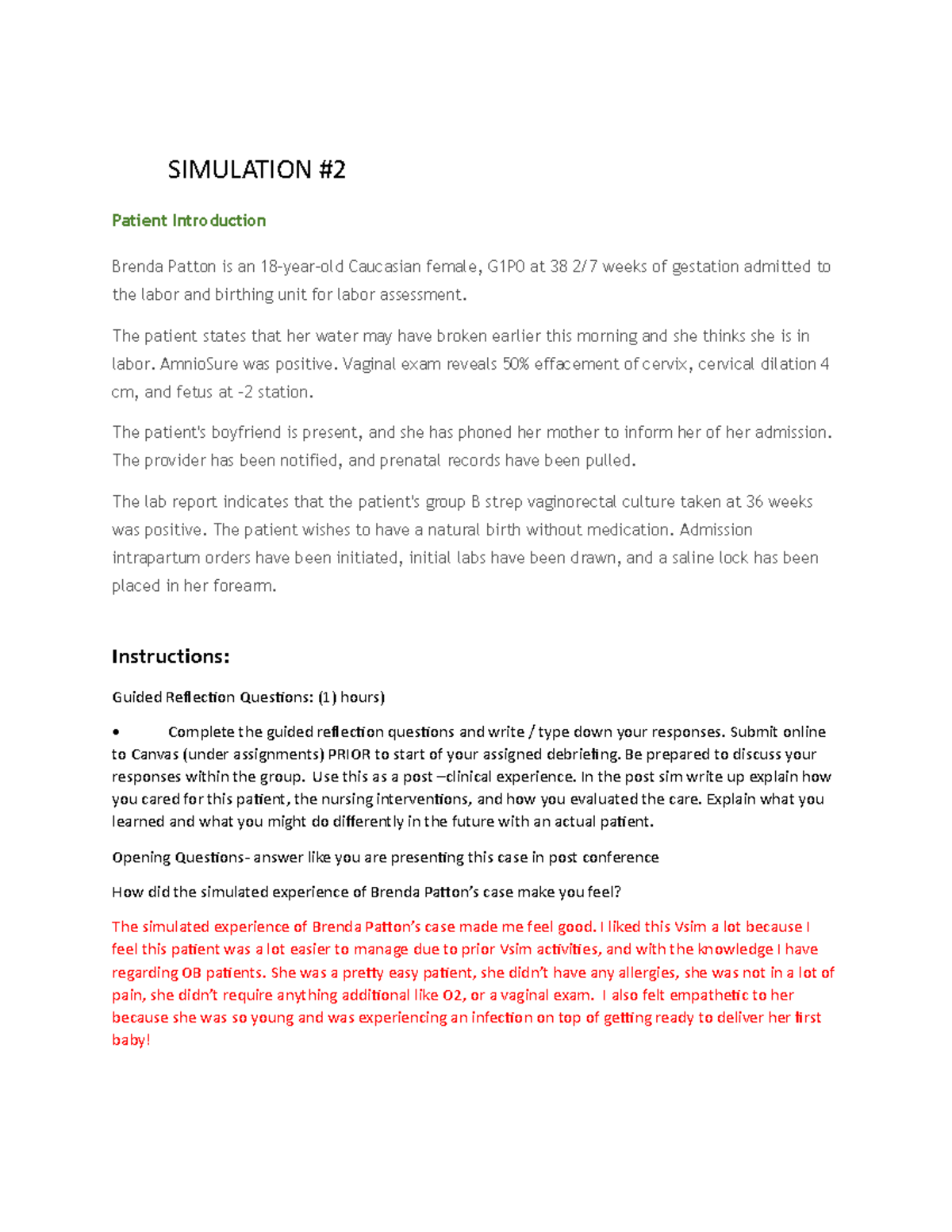 V Sim Brenda Patton Guided Reflection Questions - SIMULATION Patient ...