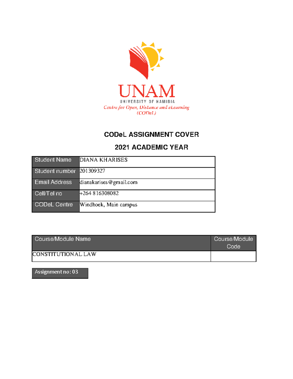 constitutional law, assignment - CODeL ASSIGNMENT COVER 2021 ACADEMIC ...