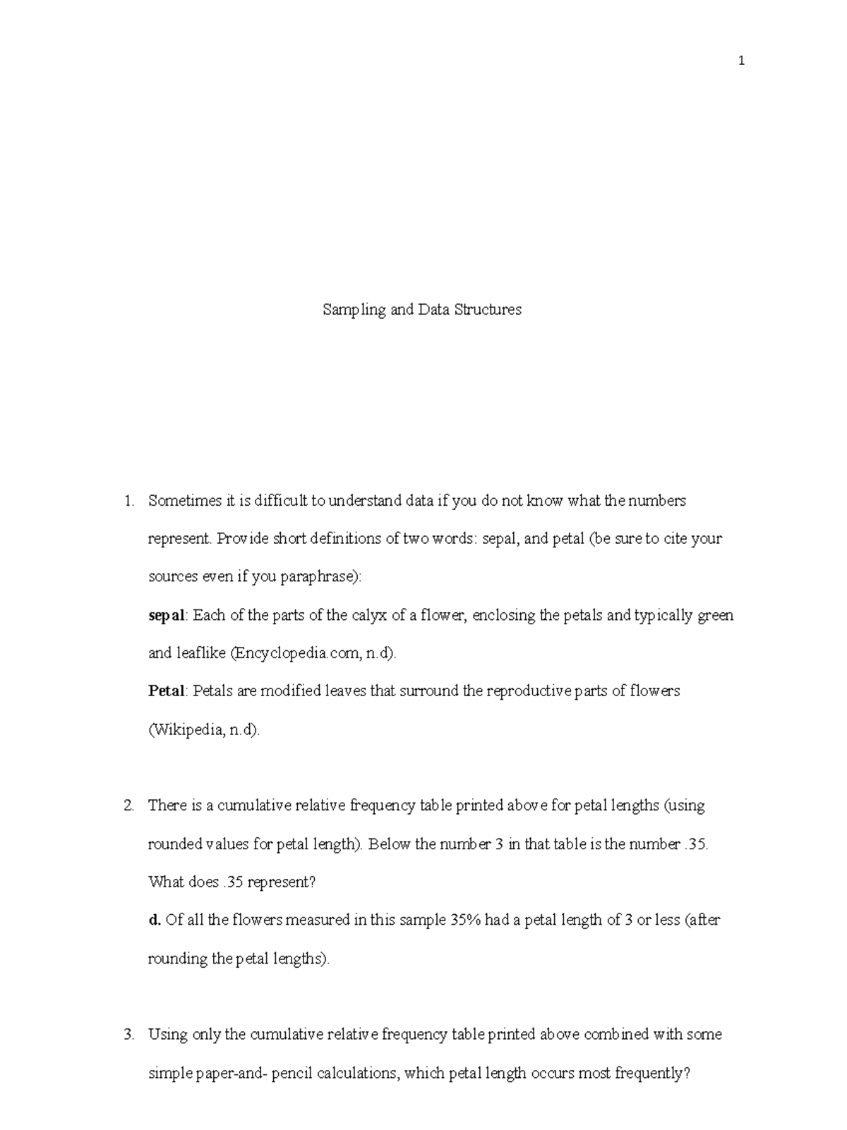 Math 1280 Introduction to Statistics Written Assignment - Sampling and Data Structures Sometimes ...