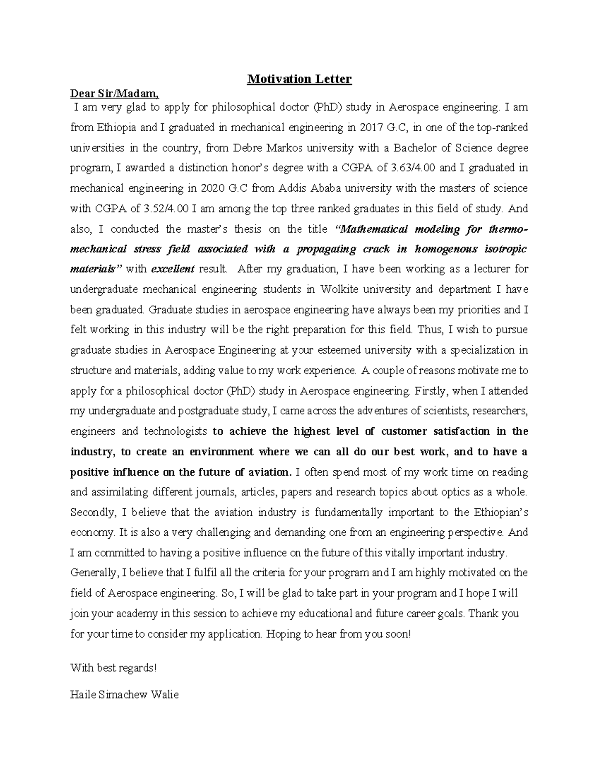 Application for PHD - Motivation Letter Dear Sir/Madam, I am very glad ...