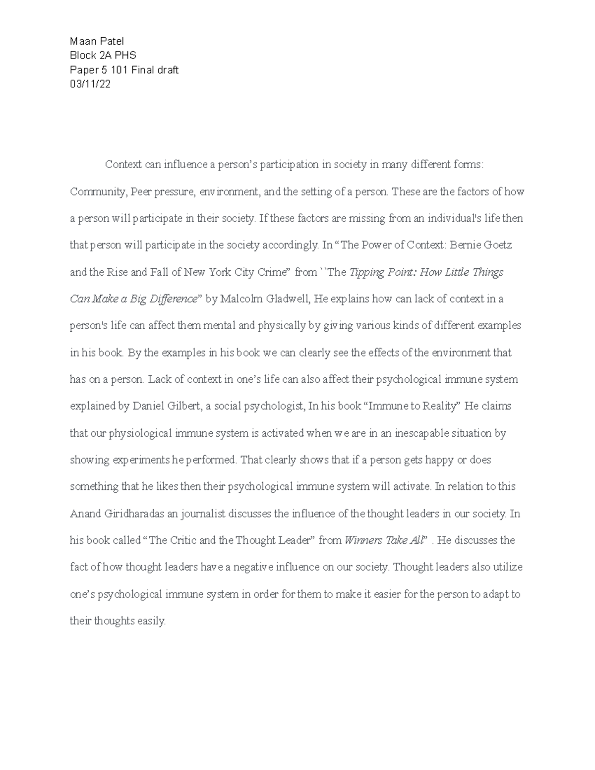 Patel Maan paper 5 final draft - Block 2A PHS Paper 5 101 Final draft ...