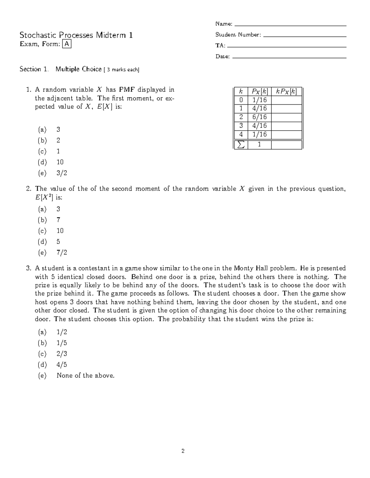 Mid Sample - Stochastic Processes Midterm 1 Exam, Form: A Name: Student ...