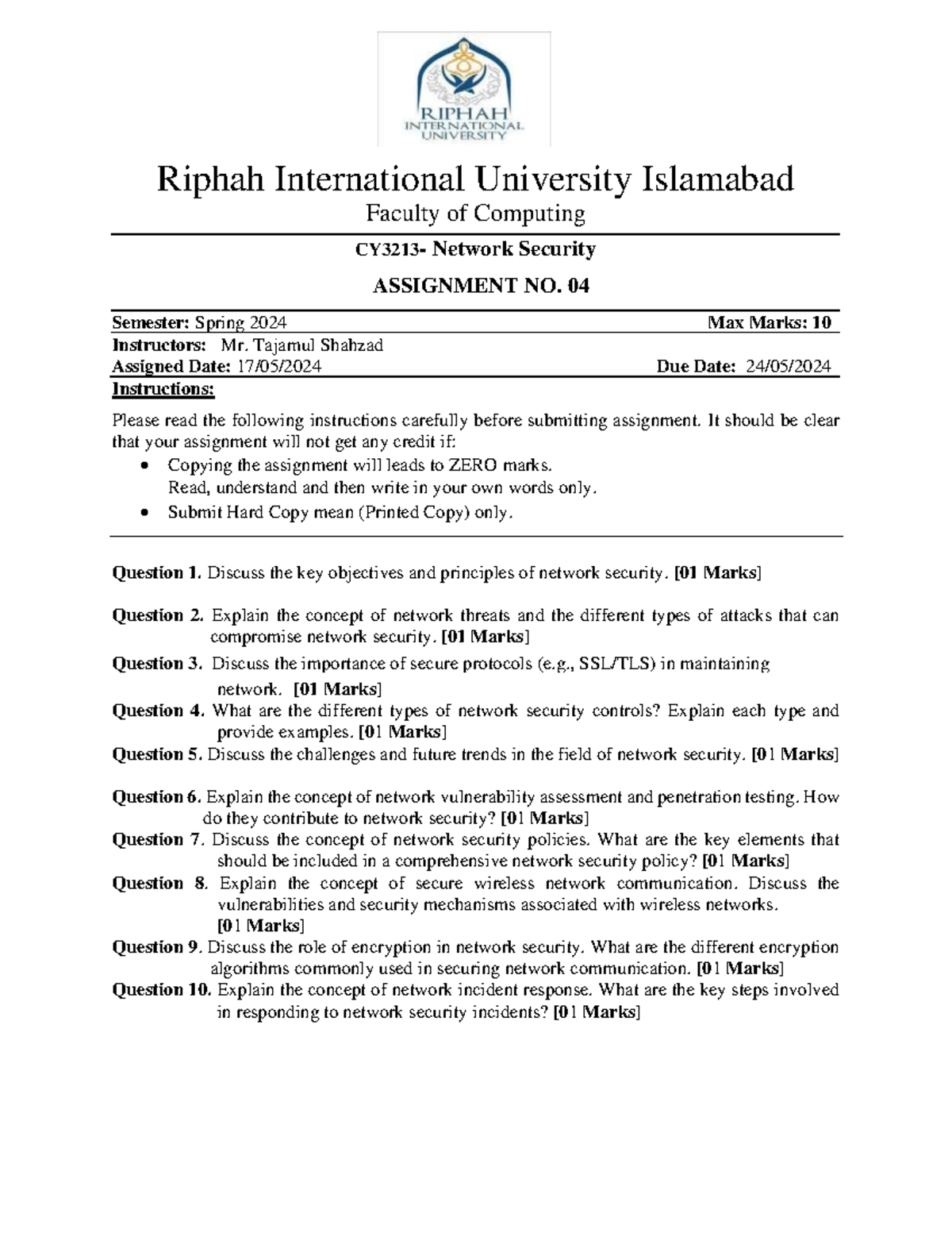 Assignment 04 Riphah International University Islamabad Faculty Of Computing Cy3213 Network 