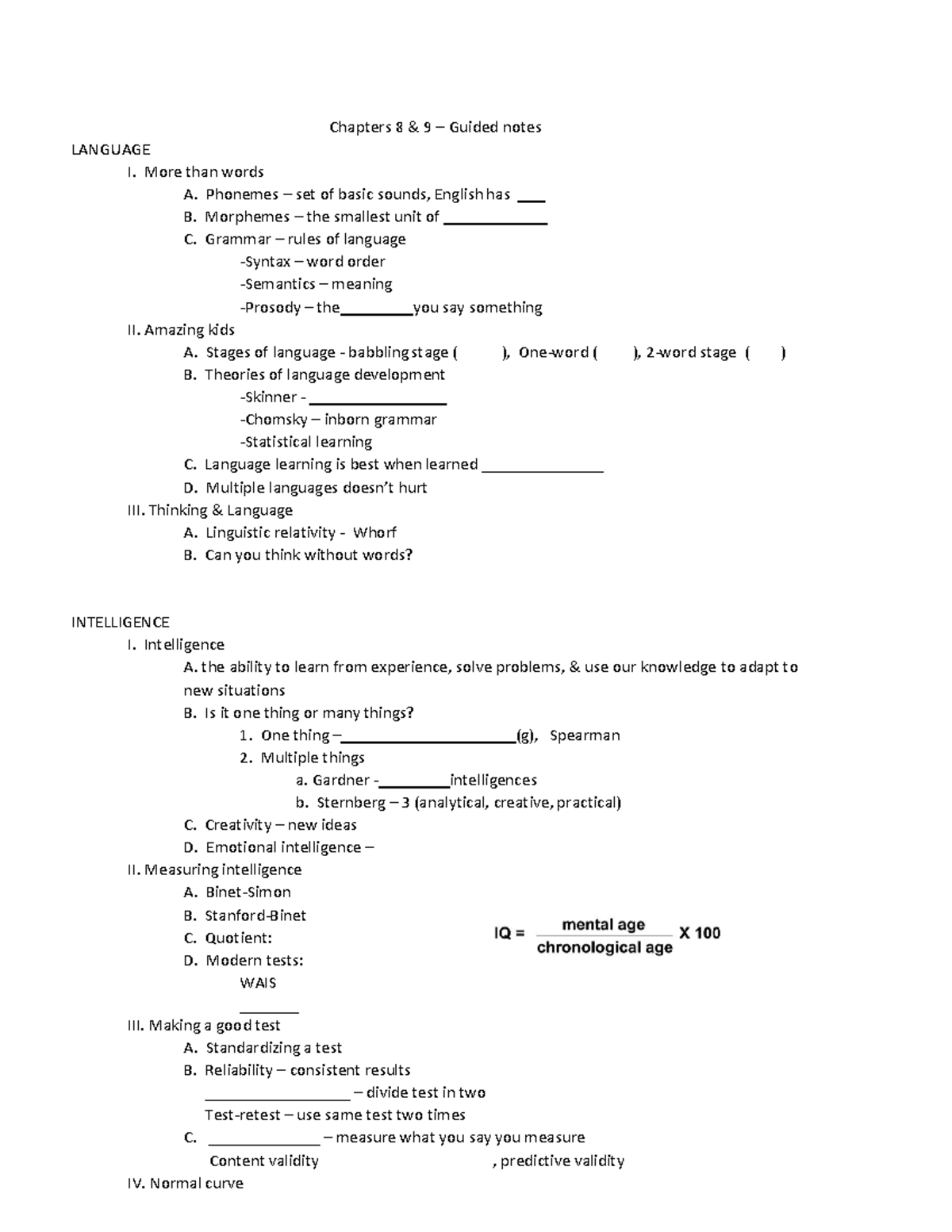 Guided notes chapter 8-9 - LANGUAGE I. More than words Chapters 8 & 9 ...