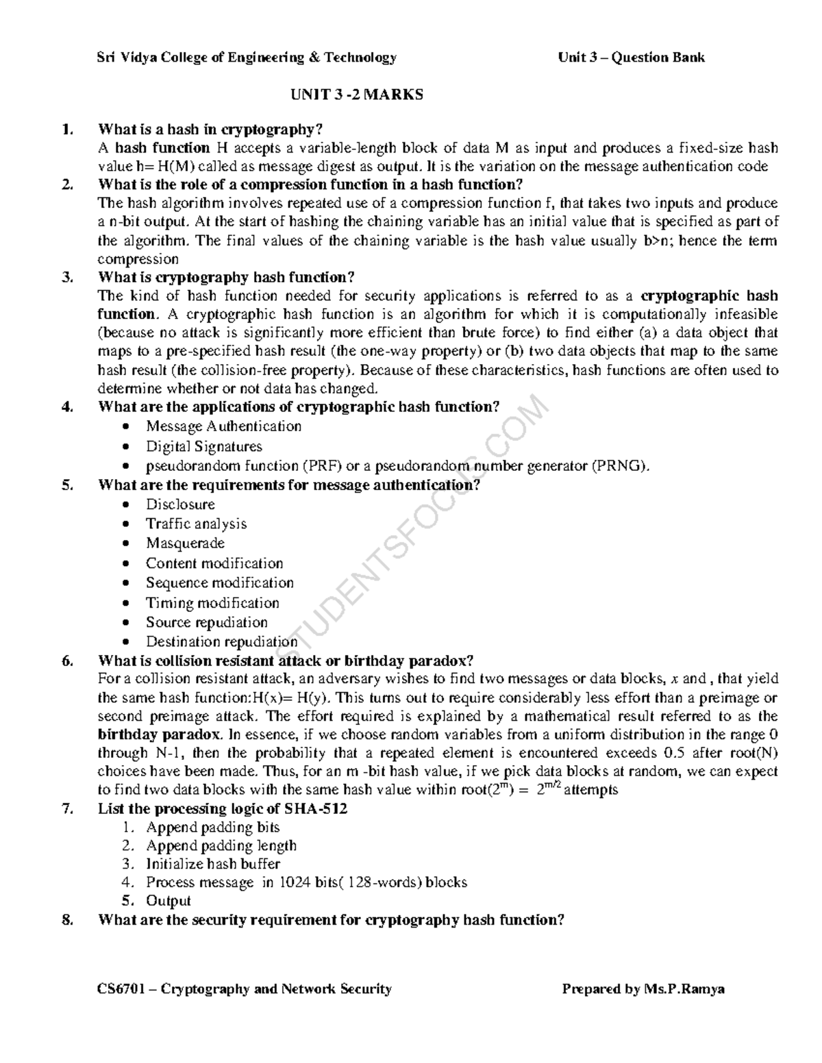 CS8792- CNS QUESTIONS BANK - Cryptography and Network Security - Studocu