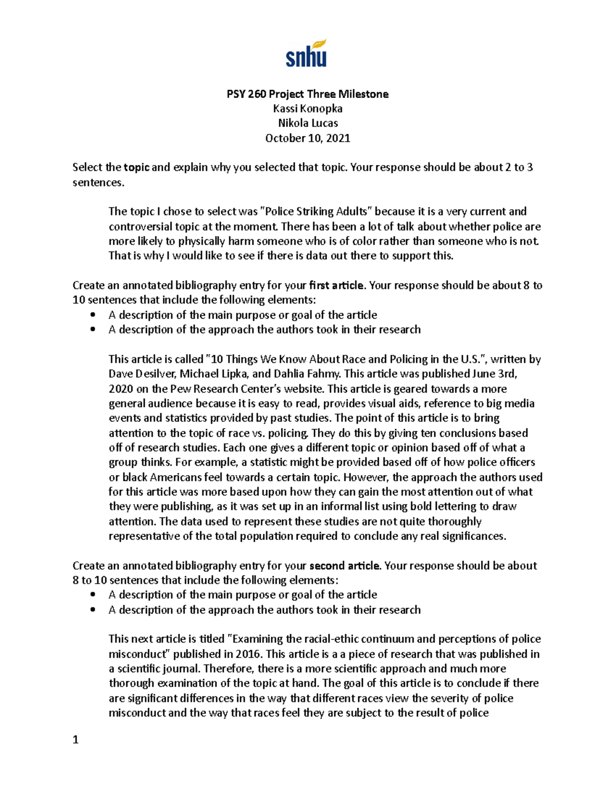 PSY260 Project Three Milestone - PSY 260 Project Three Milestone Kassi Konopka Nikola Lucas ...