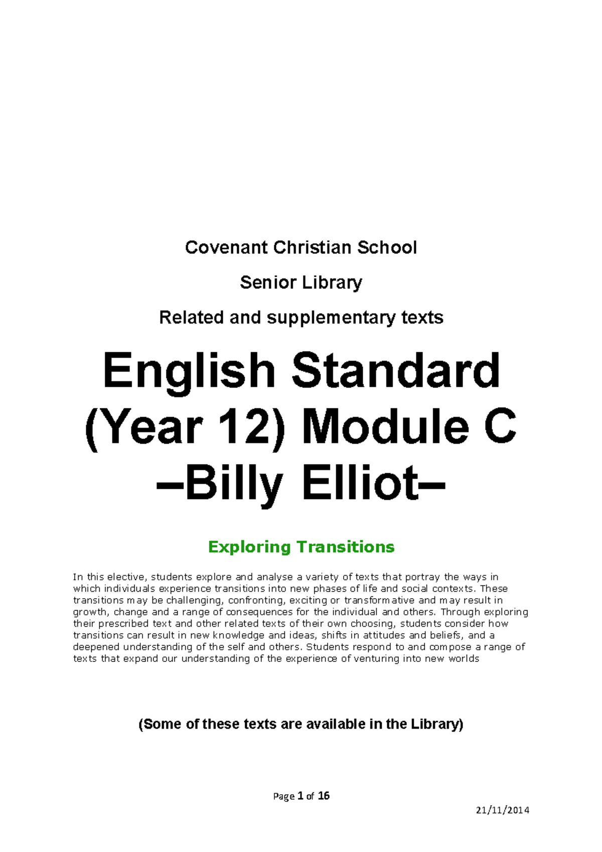 English Standard (Year 12) Module C -Billy Elliot Related Texts ...
