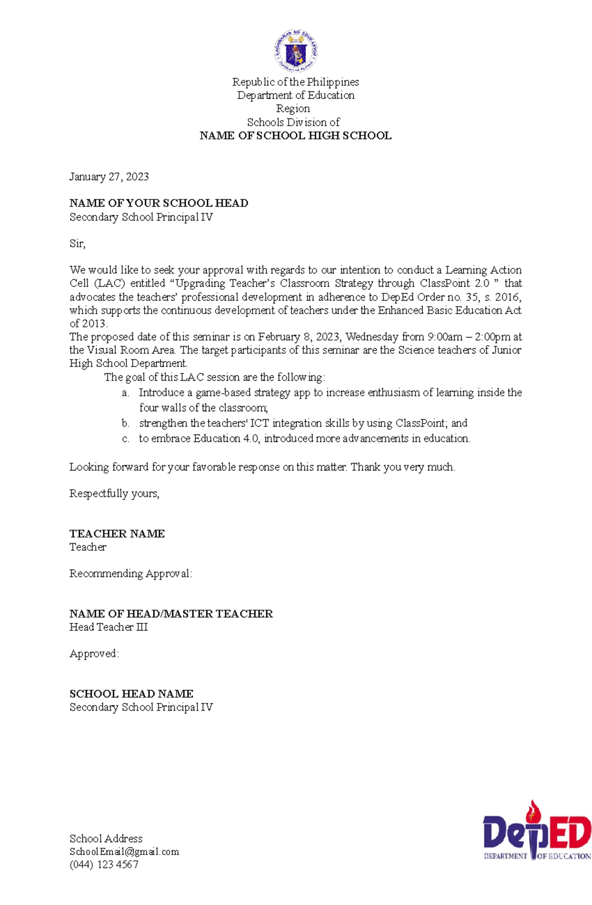 LAC Proposal - Class Point - Republic of the Philippines Department of ...