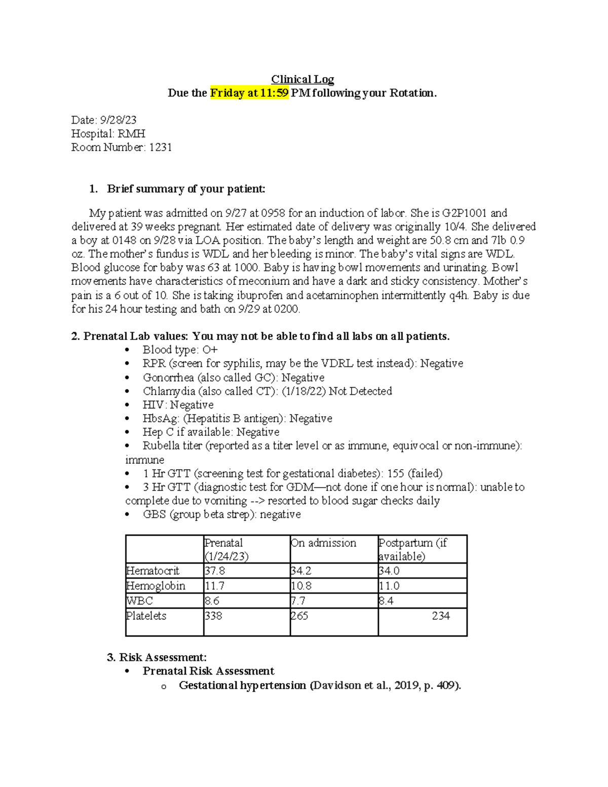 Clinical Log 2 - vdsvsd - Clinical Log Due the Friday at 11:59 PM ...