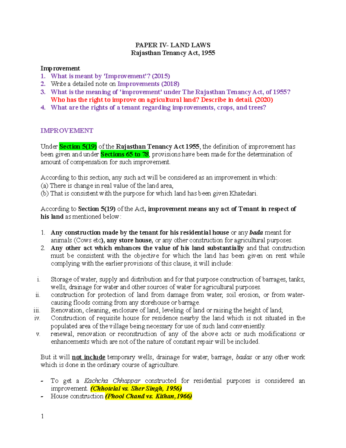 Improvement of land - PAPER IV- LAND LAWS Rajasthan Tenancy Act, 1955 ...