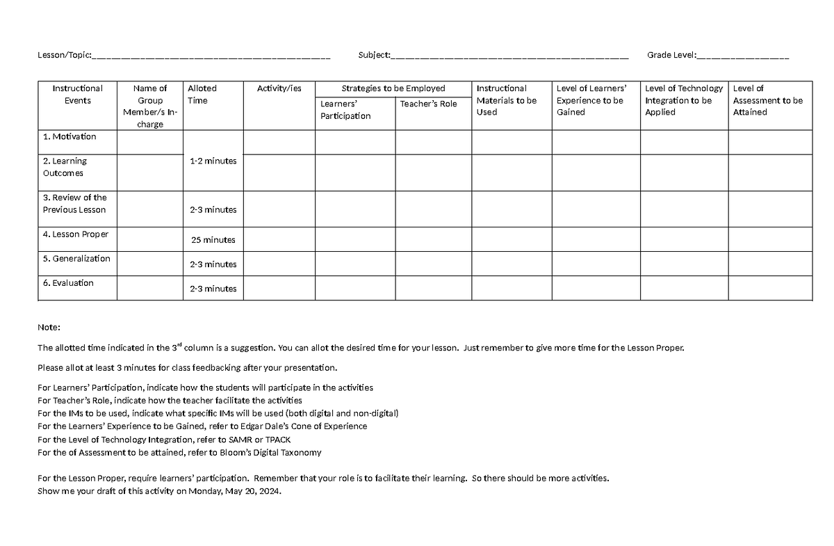 Demo Teaching-Matrix - Lesson/Topic ...