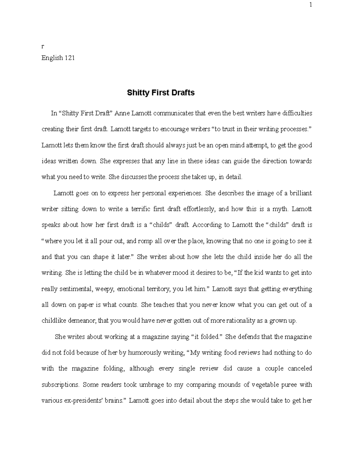 Shitty First Draft 2 - Grade: B+ - r English 121 Shitty First Drafts In “Shitty First Draft ...