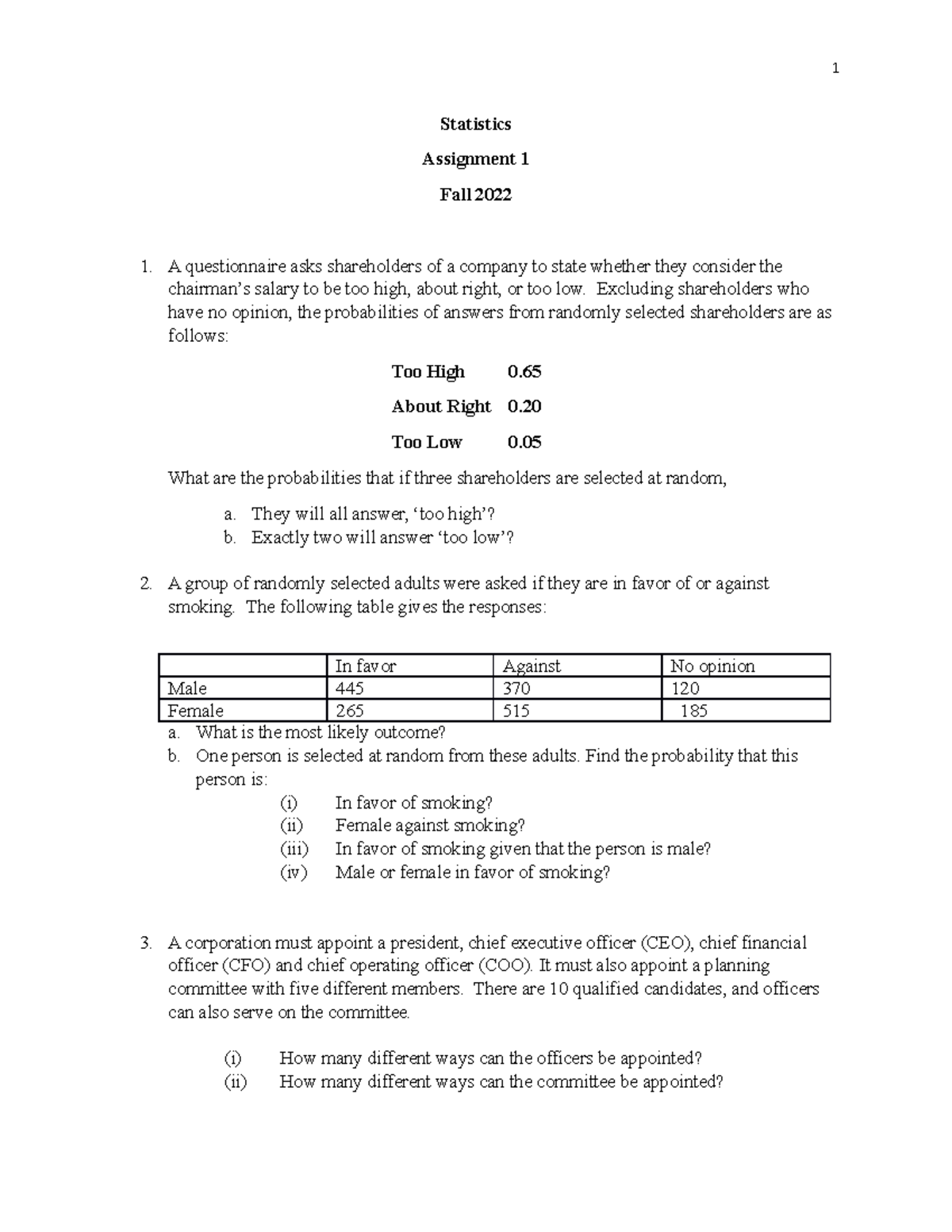 Statistics Assignment 1-Fall 2022 - 1 Statistics Assignment 1 Fall 2022 ...