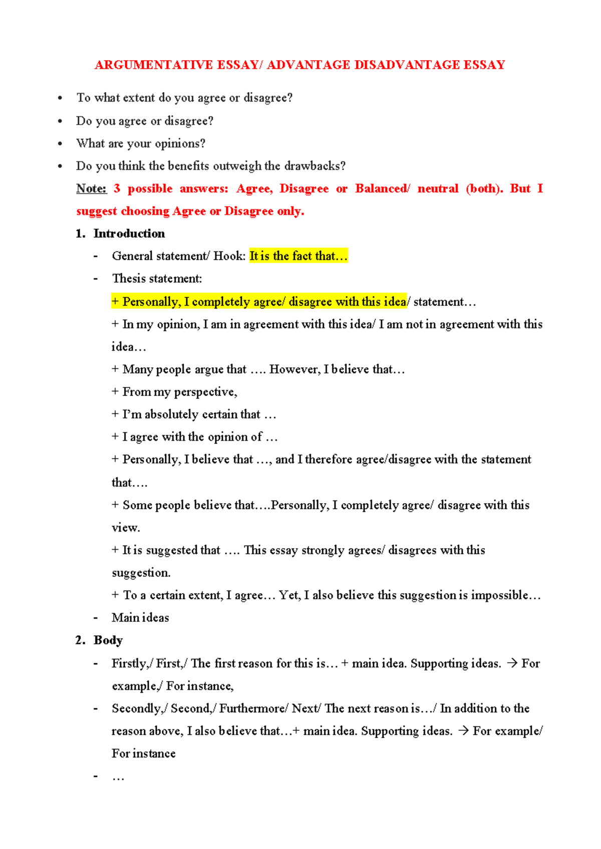 Argumentative essay - ARGUMENTATIVE ESSAY/ ADVANTAGE DISADVANTAGE ESSAY ...