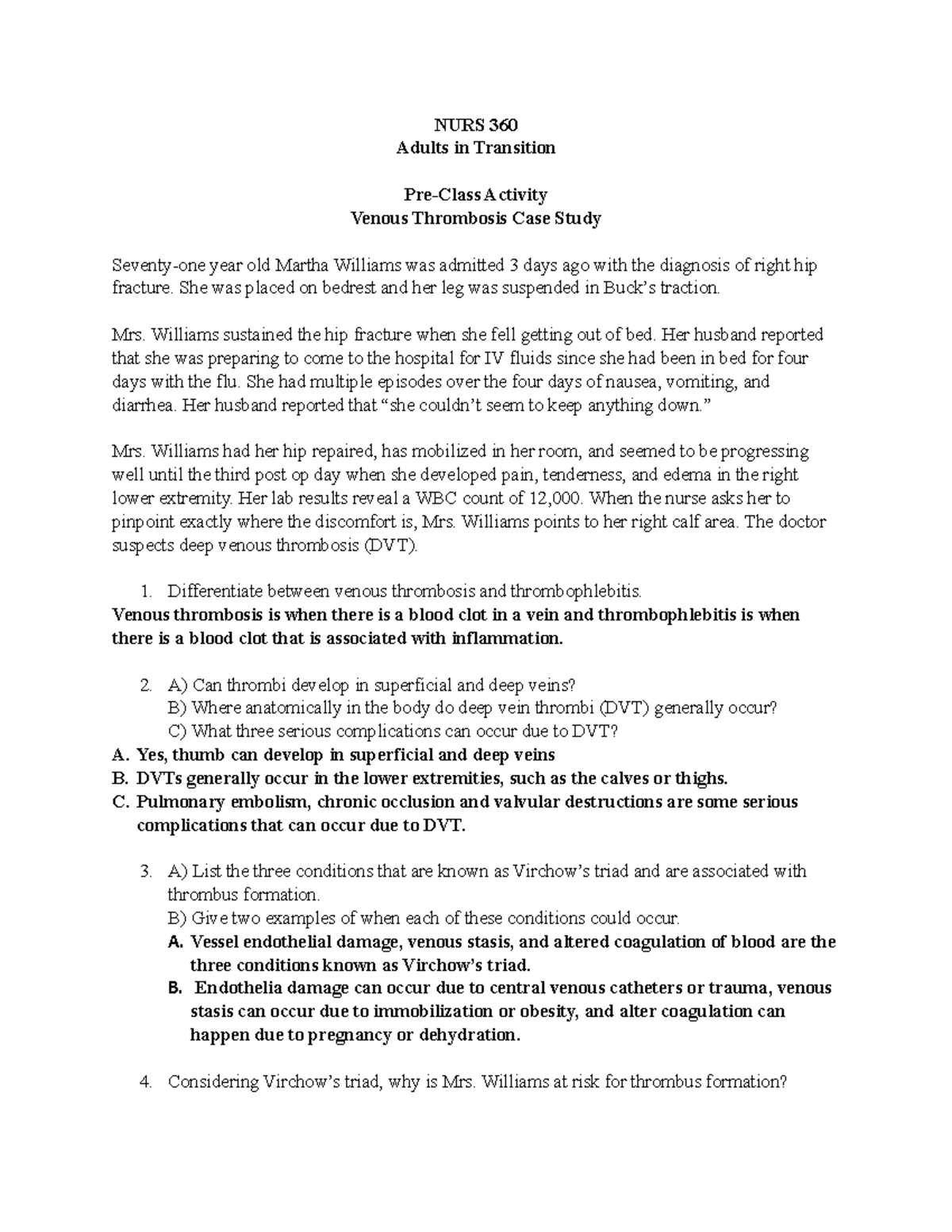 Venous Thrombosis Case Study - NURS 360 Adults in Transition Pre-Class ...