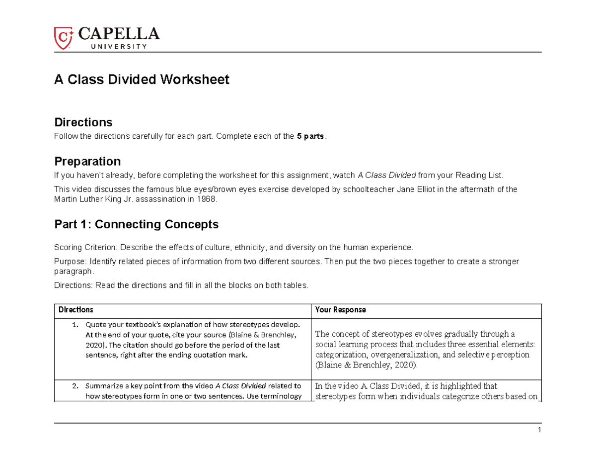 A Class Divided Worksheet: Exploring Stereotypes and Communication - A ...