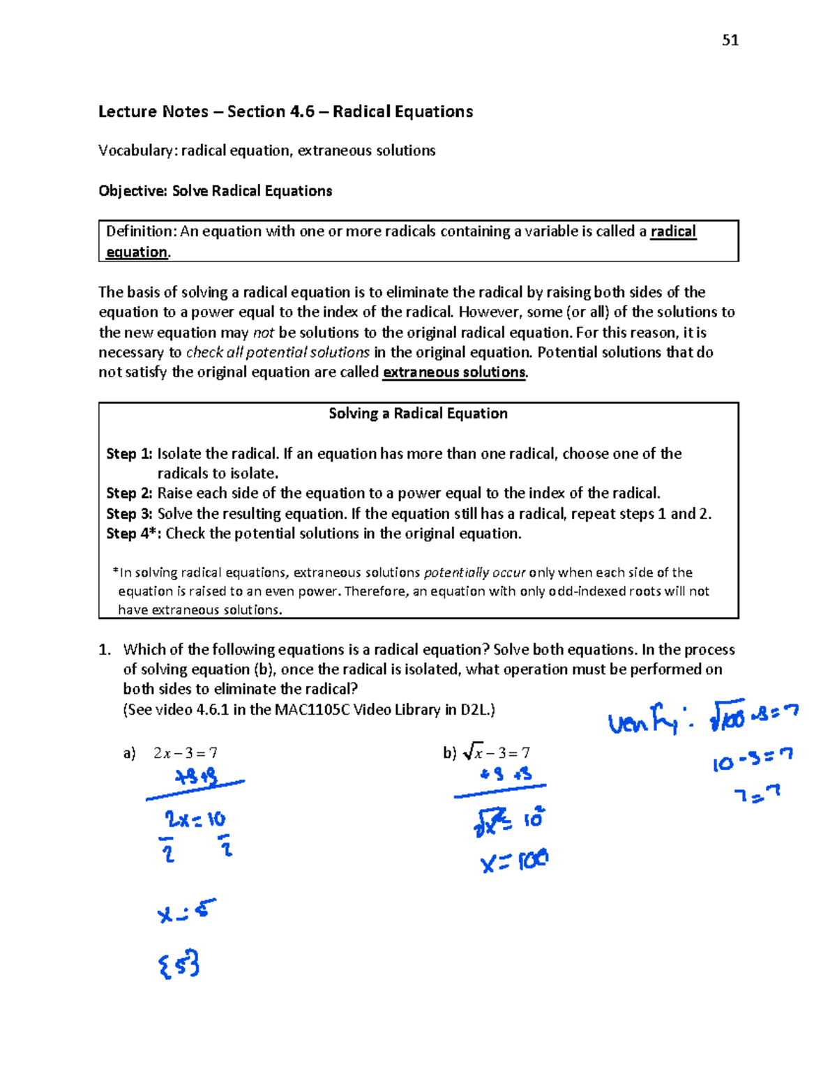 M1105C 4.6 LN Radical Equations W PG NUMS - Lecture Notes – Section 4 ...