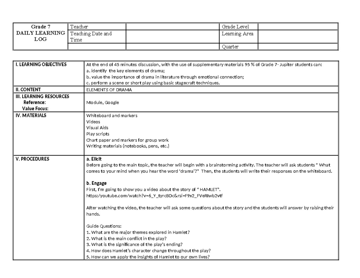 Lesson PLAN IN ENG 153 - Grade 7 DAILY LEARNING LOG Teacher Grade Level ...