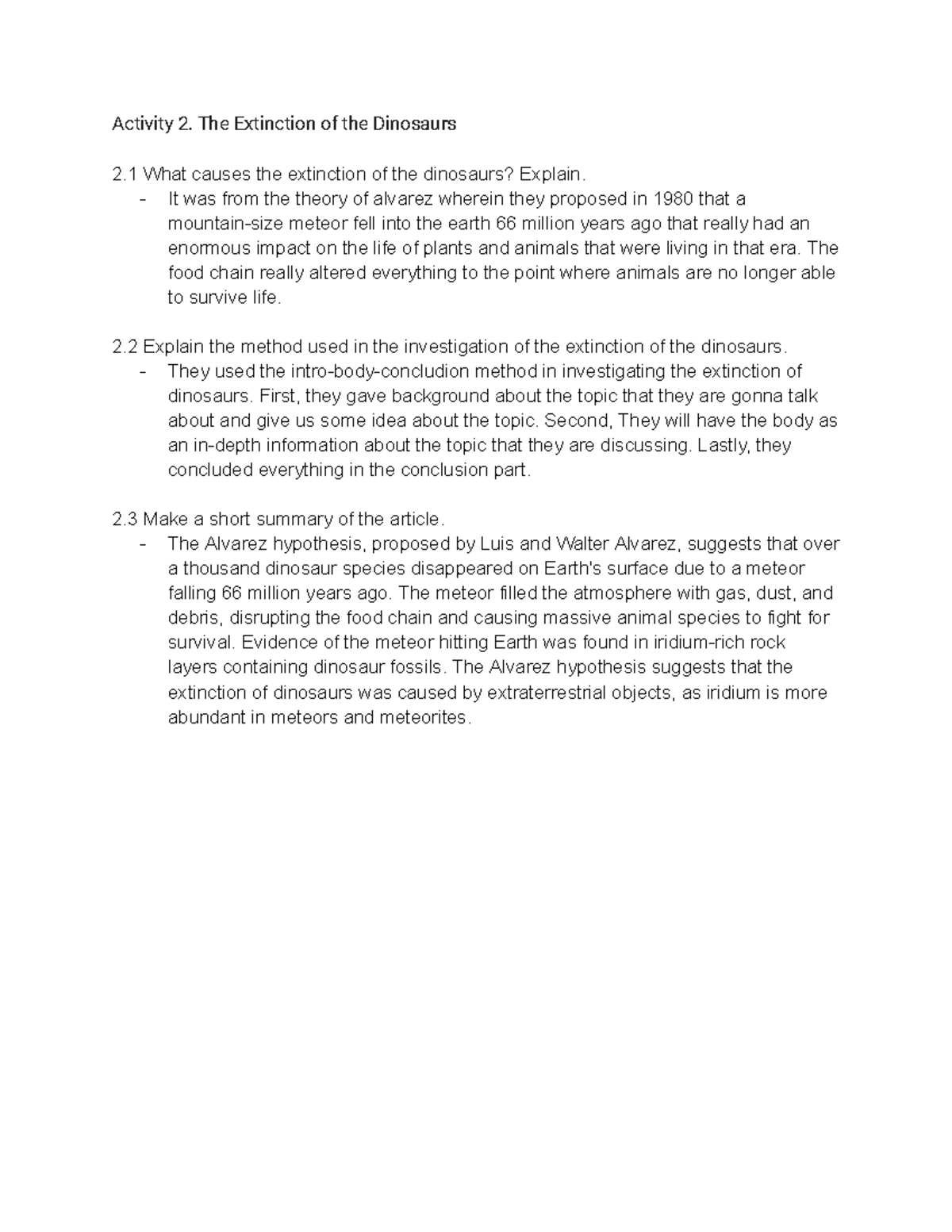 MARA-Activity 2. The Extinction of the Dinosaurs - Activity 2. The ...