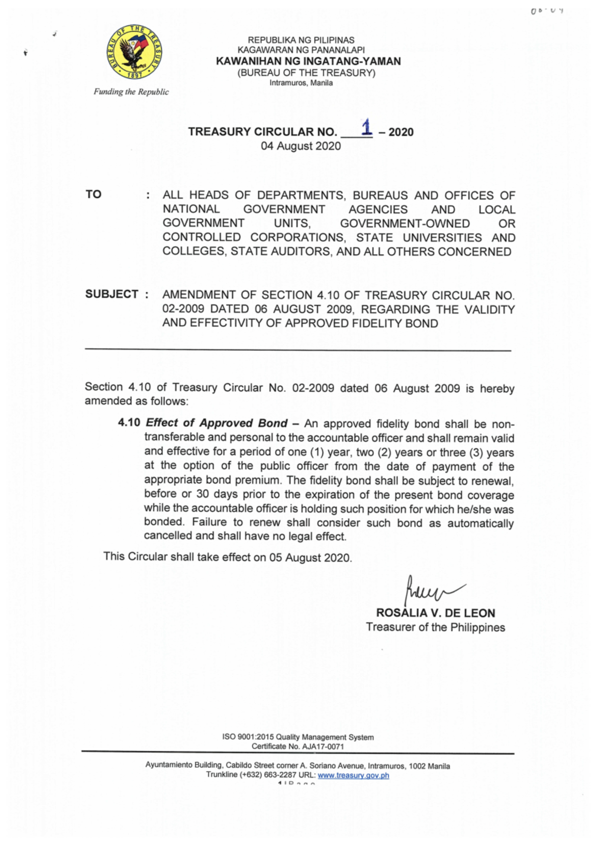 TC No. 1-2020 - Validity and Effectivity of approved Fidelity Bond ...