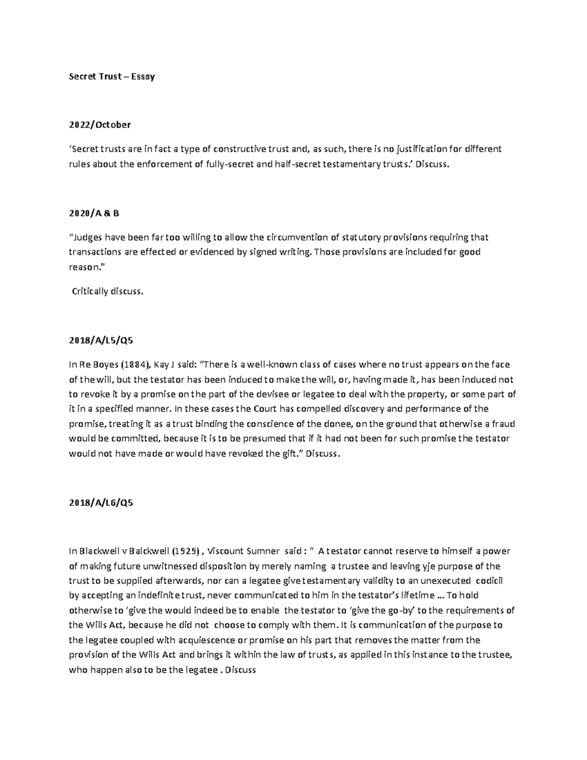 Essays - Secret Trust – Essay 2022/October ‘Secret trusts are in fact a ...
