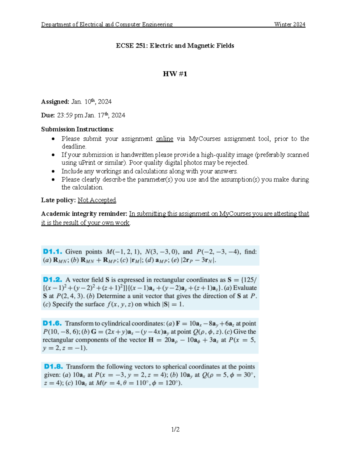 ECSE251 HW1 - uncompleted homework - Department of Electrical and Computer Engineering Winter ...