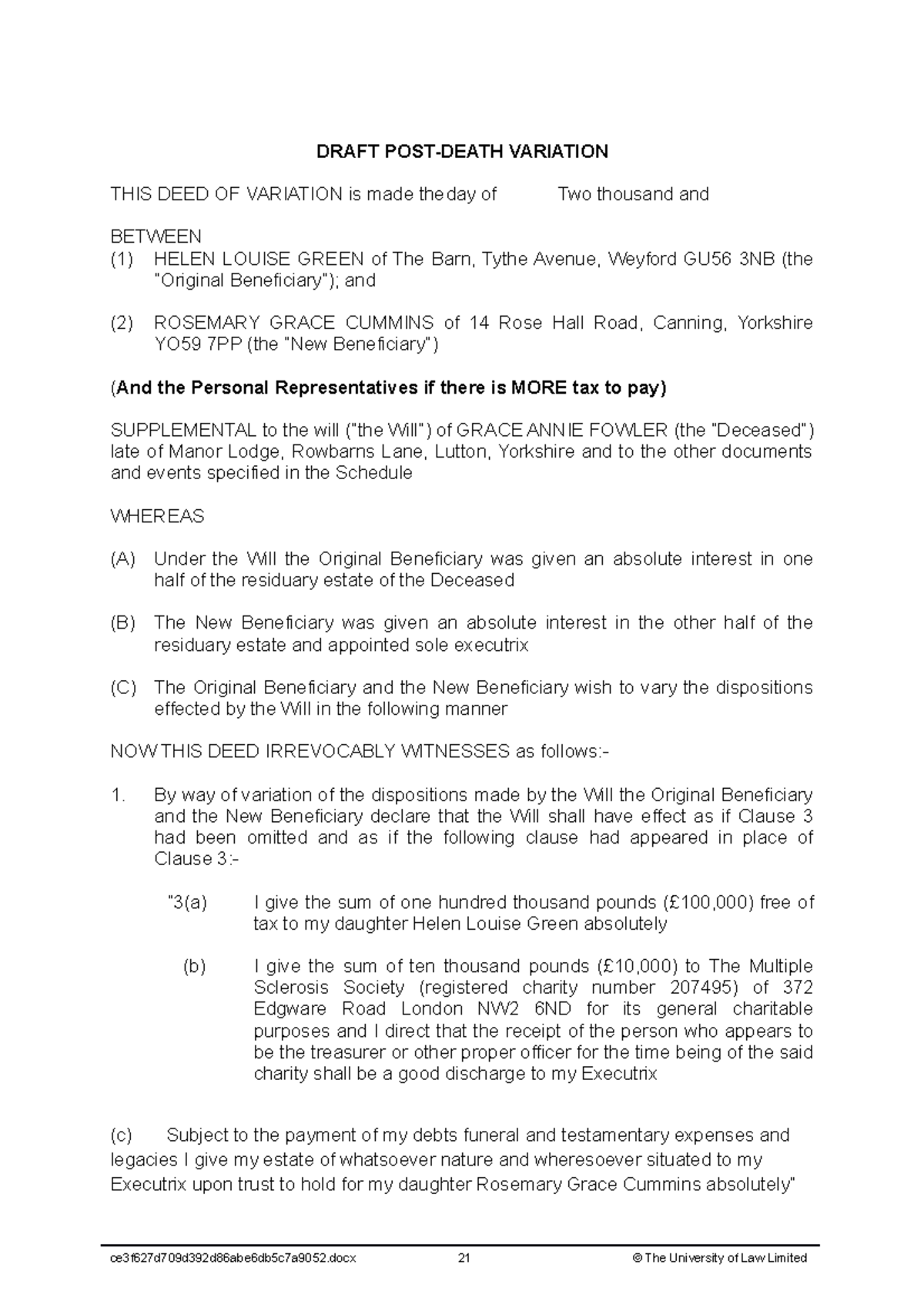 Post-death Variation - DRAFT POST-DEATH VARIATION THIS DEED OF ...