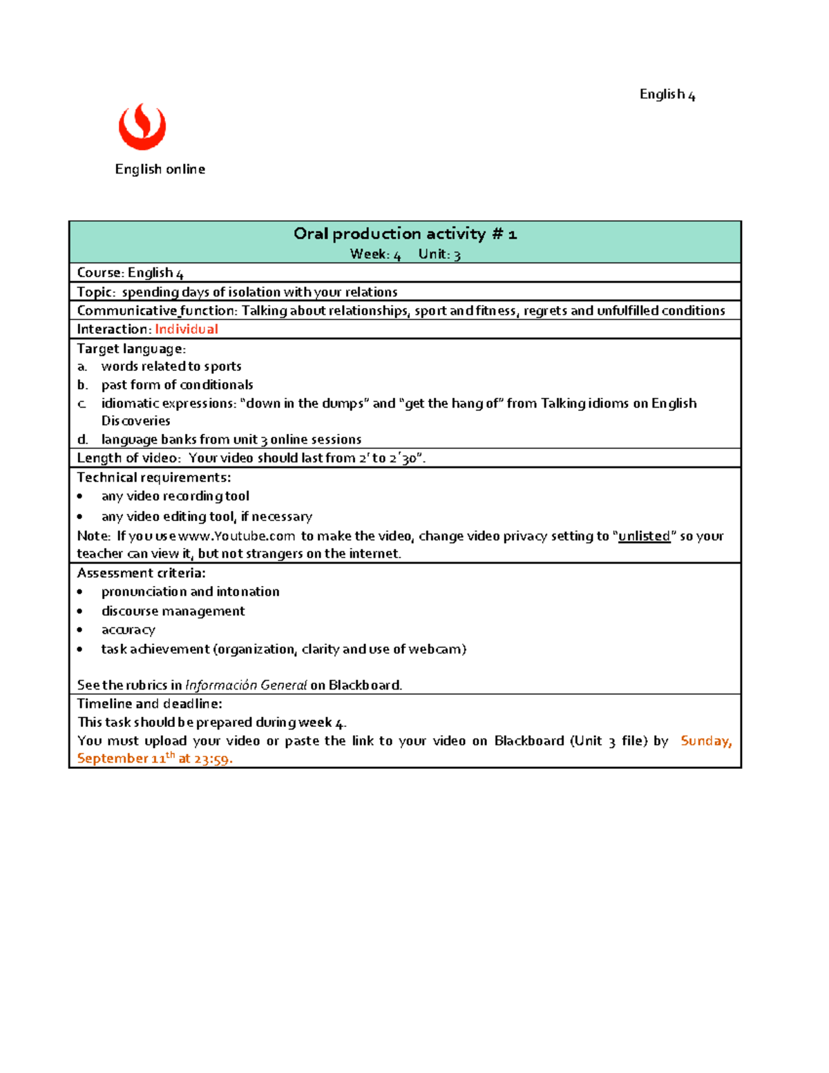 E4 OPA # 1 UNIT 3 - E4 OPA # 1 UNIT 3 - English 4 English online Oral production activity # 1 ...