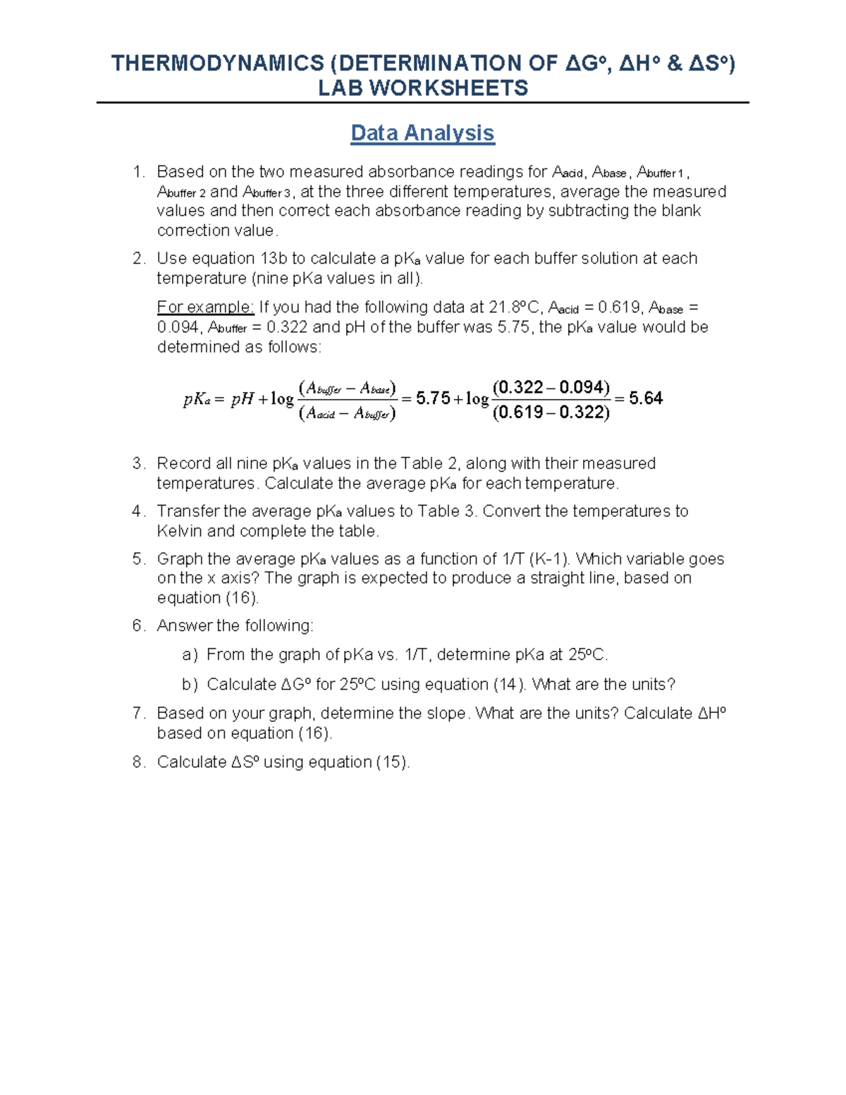 Thermodynamics Worksheets - LAB WORKSHEETS Data Analysis 1. Based on ...
