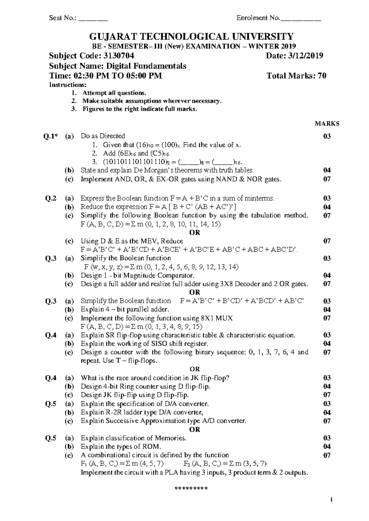 Df PYQ merged - GUJARAT TECHNOLOGICAL UNIVERSITY BE - SEMESTER– III ...