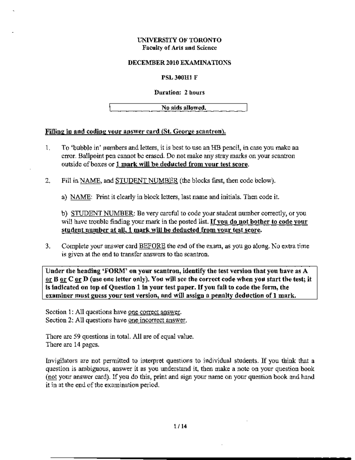 Exam December 2010, questions - UNIVERSITY OF TORONTO Faculty of Arts ...