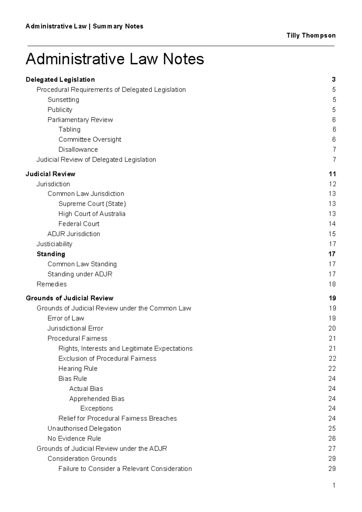 Admin Law Exam Notes - EVERYTHING SUMMARISED - Tilly Thompson Delegated ...