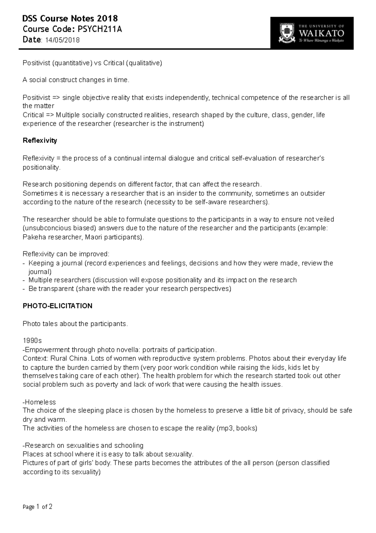 PSYCH211 A 14 - Lecture notes 8 - DSS Course Notes 2018 Course Code ...