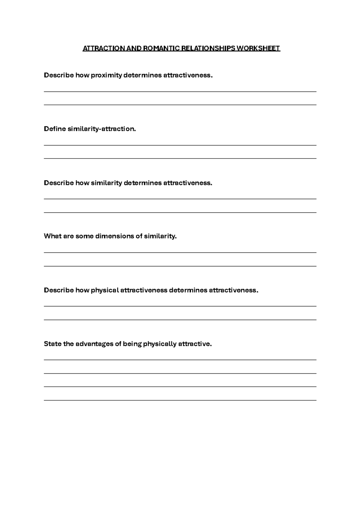 Attraction AND Romantic Relationships Worksheet - ATTRACTION AND ...