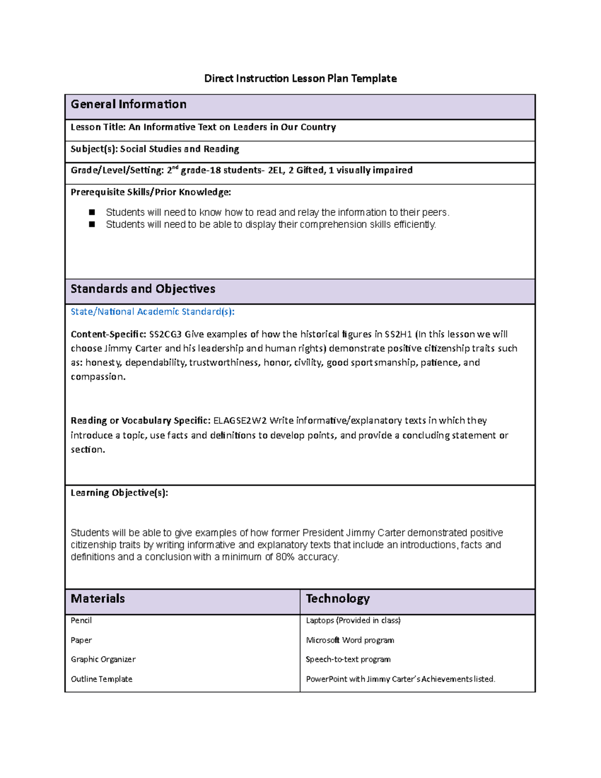 Jimmy Carter Writing Informative Text - Direct Instruction Lesson Plan ...