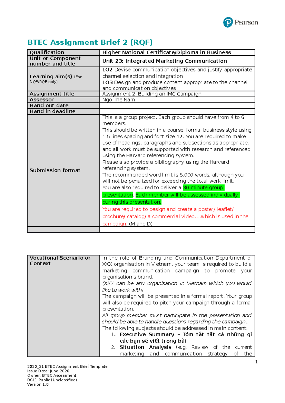 Final 535 -Assignment-2 Brief IMC Namnt 68-copy-2 - BTEC Assignment Brief 2 (RQF) Qualification ...