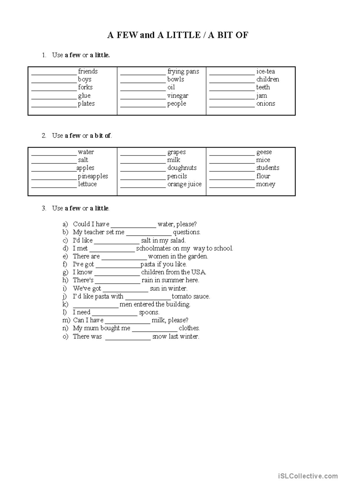 A few, a little, a bit of - Summary - A FEW and A LITTLE / A BIT OF Use ...