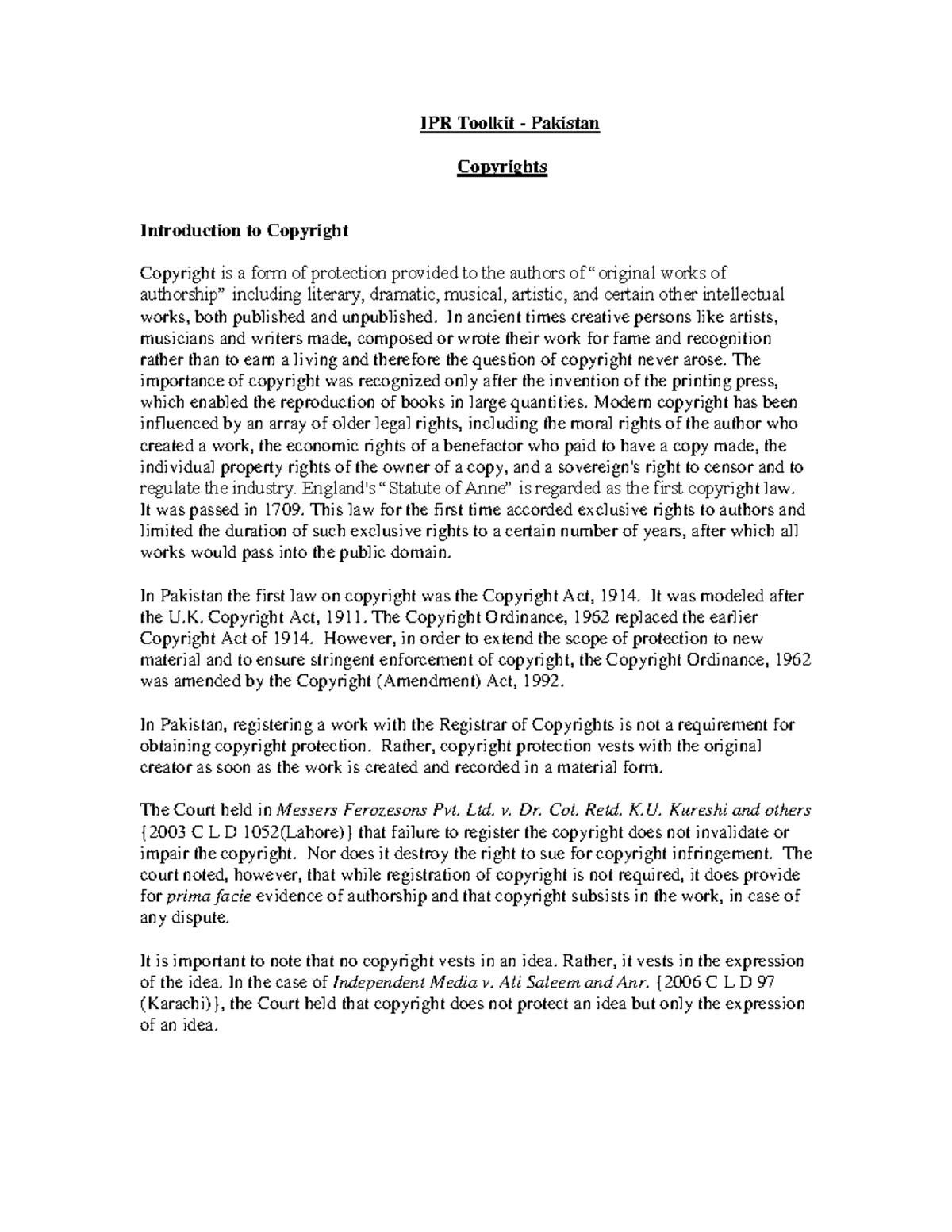 Ipr-copyrights - good luck - IPR Toolkit - Pakistan Copyrights Introduction to Copyright ...