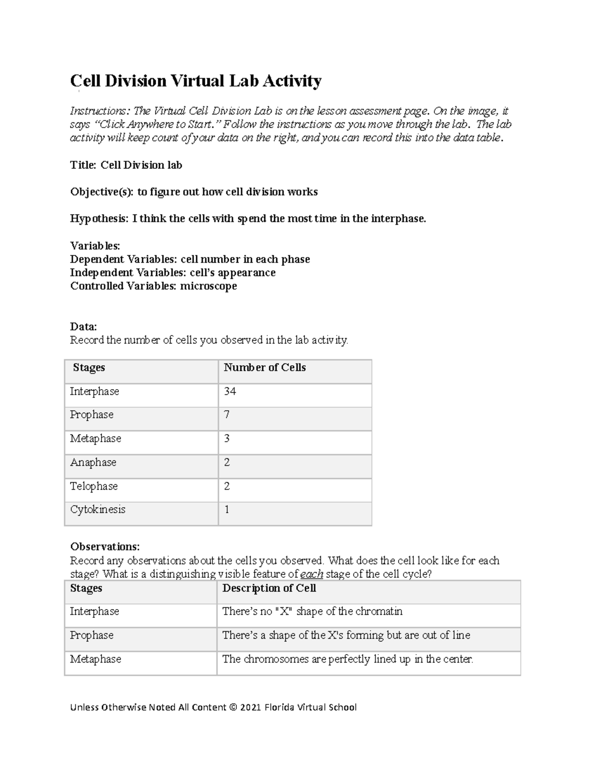 03 01 virtual cell division lab report - Cell Division Virtual Lab ...