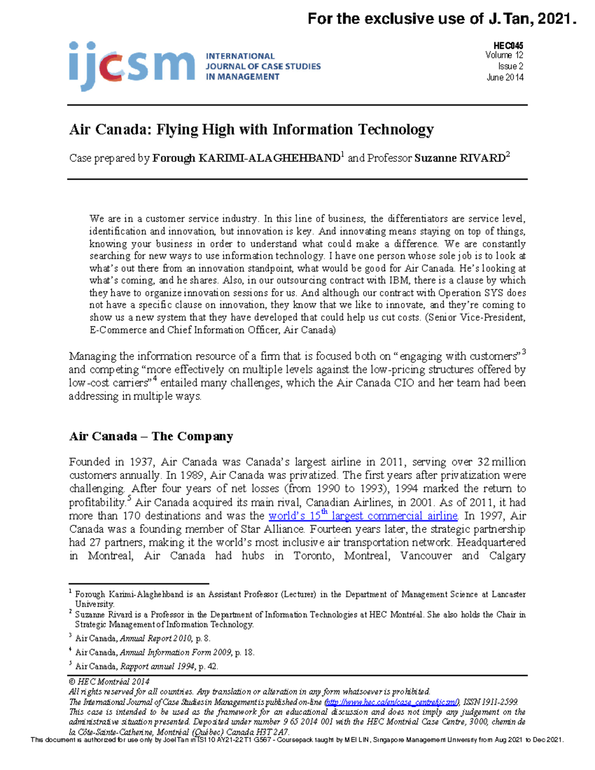 C2 Air Canada - asffasf - © HEC MontrÈal 2014 All rights reserved for ...