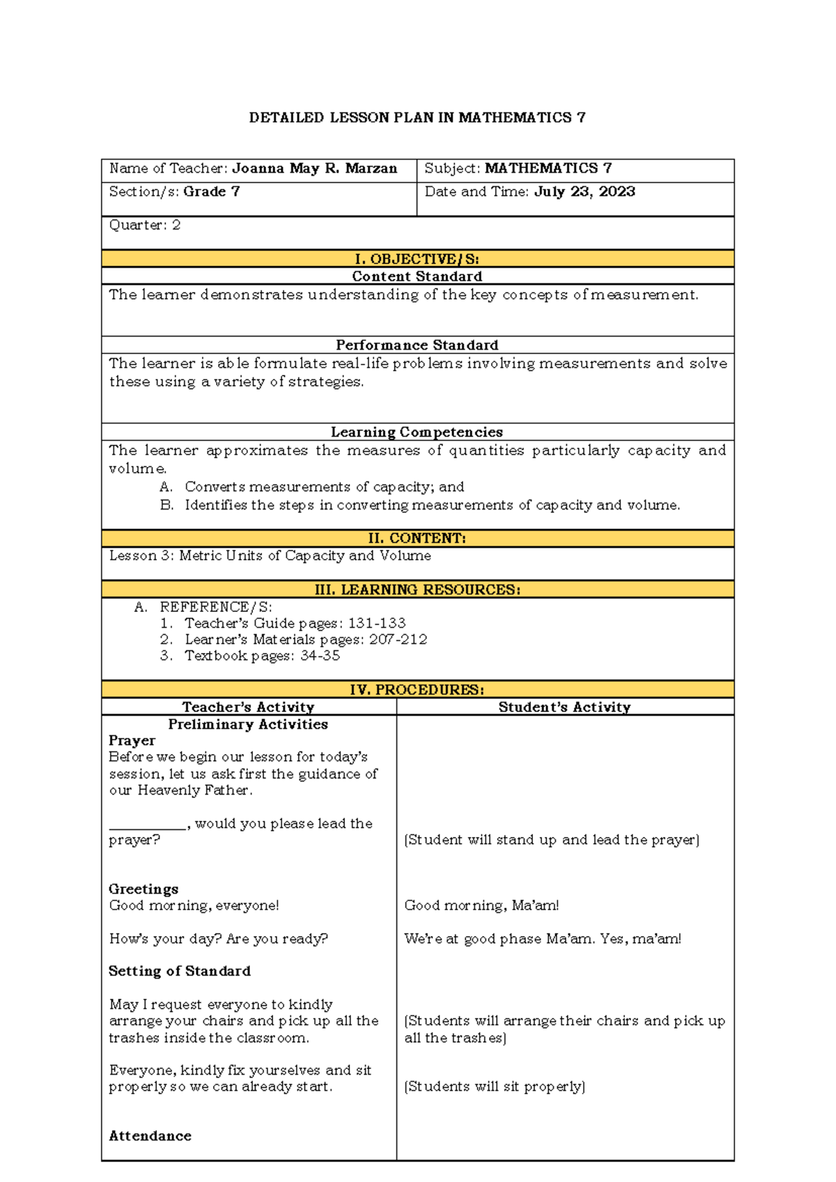 Joanna-5E - DETAILED LESSON PLAN IN MATHEMATICS 7 Name of Teacher ...