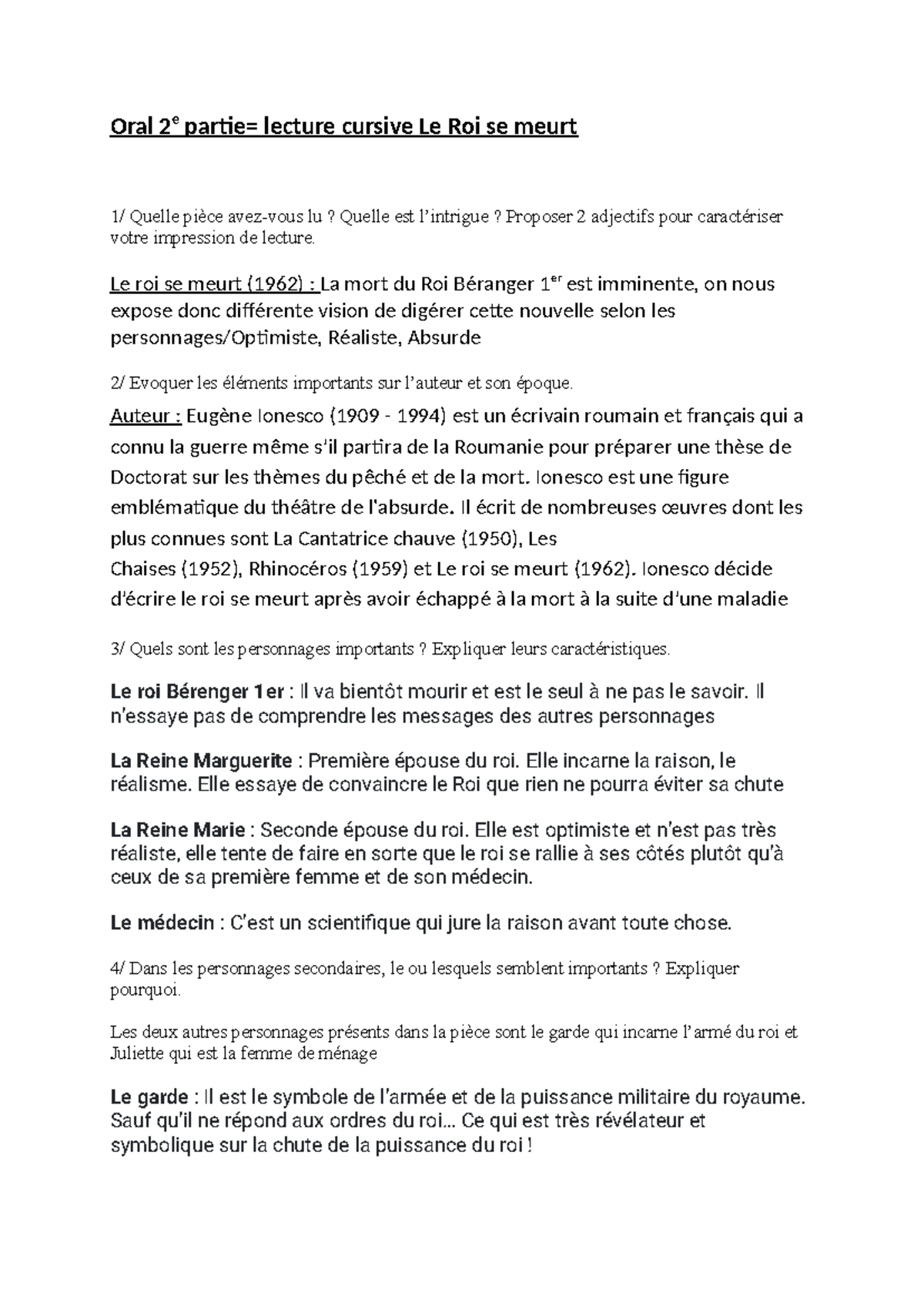 Oral 2e partie le roi se meurt - Oral 2 e partie= lecture cursive Le Roi se meurt 1/ Quelle ...