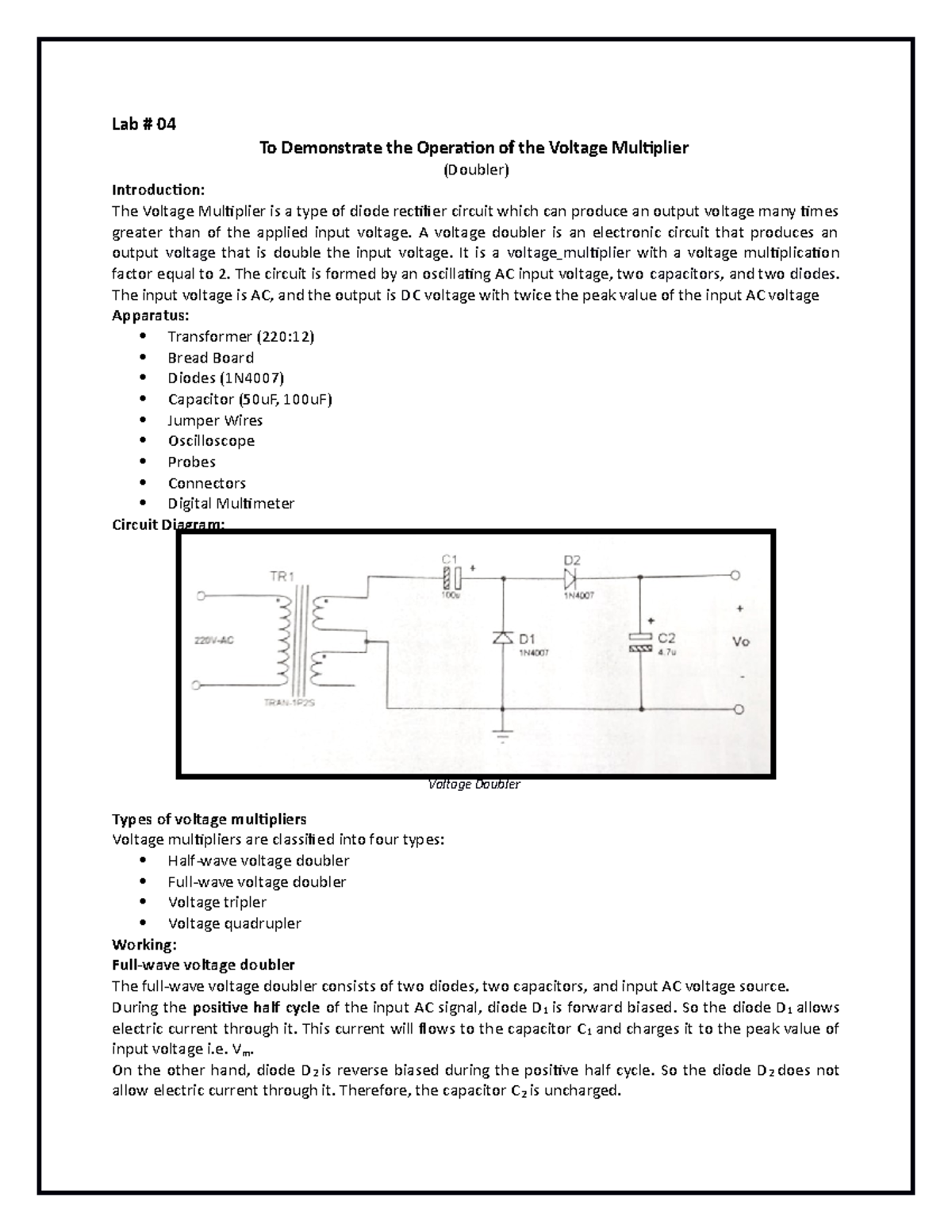 Voltage Multiplier Lab Report - Lab # 04 To Demonstrate the Operation of the Voltage Multiplier ...