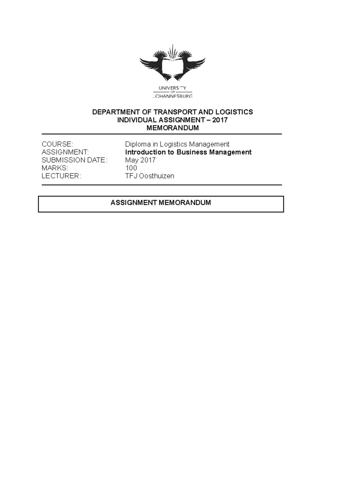 Ibmlma 1 assignment memo 2017 final - DEPARTMENT OF TRANSPORT AND ...