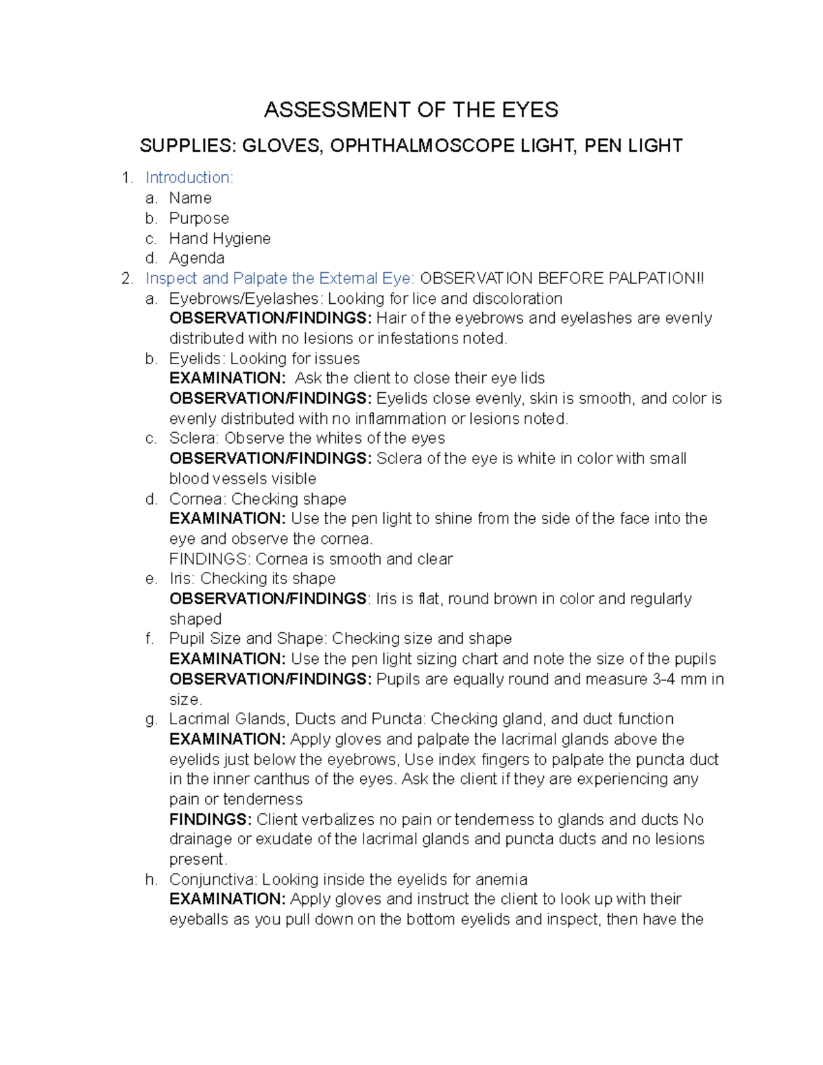 Assessment OF THE EYES - ASSESSMENT OF THE EYES SUPPLIES: GLOVES ...
