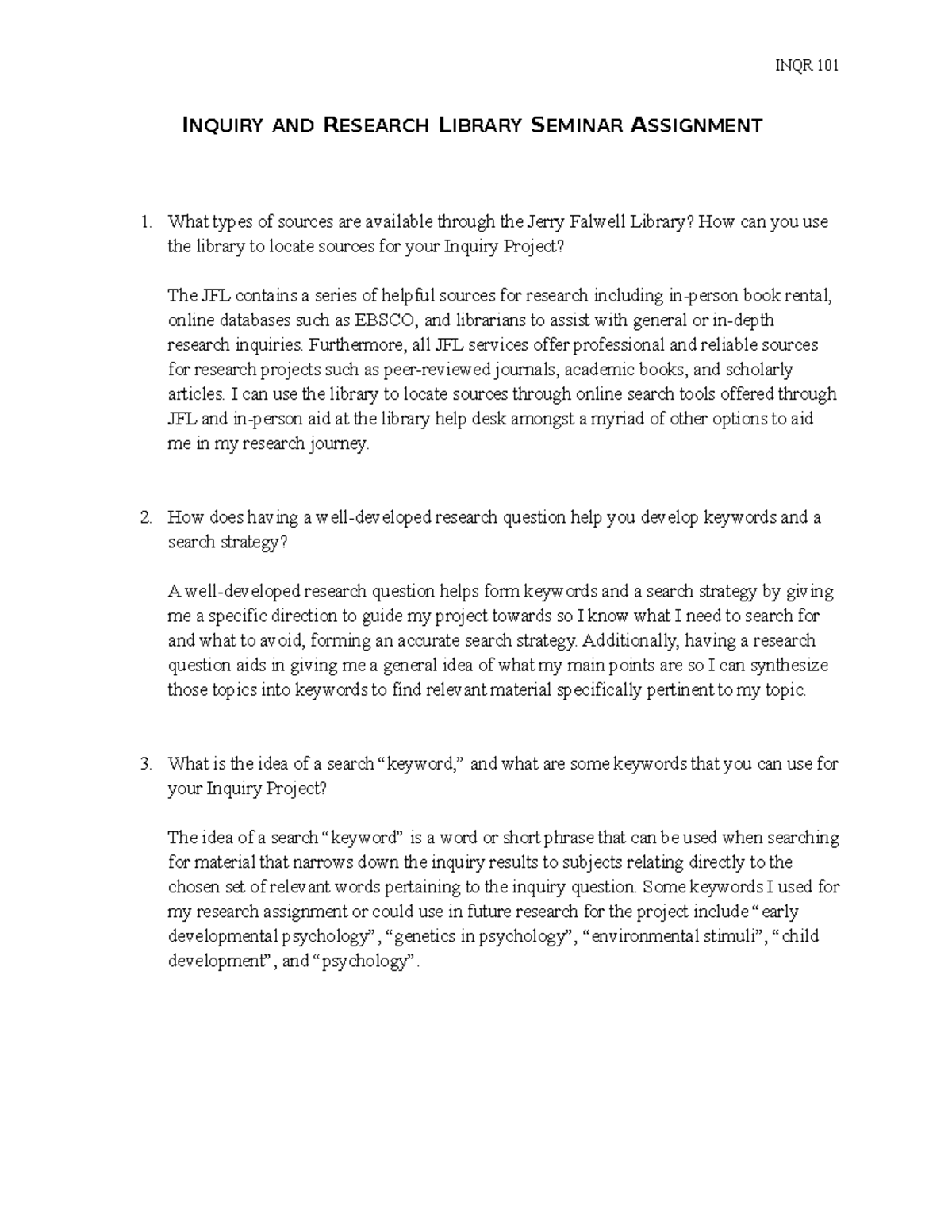 Inquiry and Research Library Seminar Assignment - Harwood - INQR 101 ...